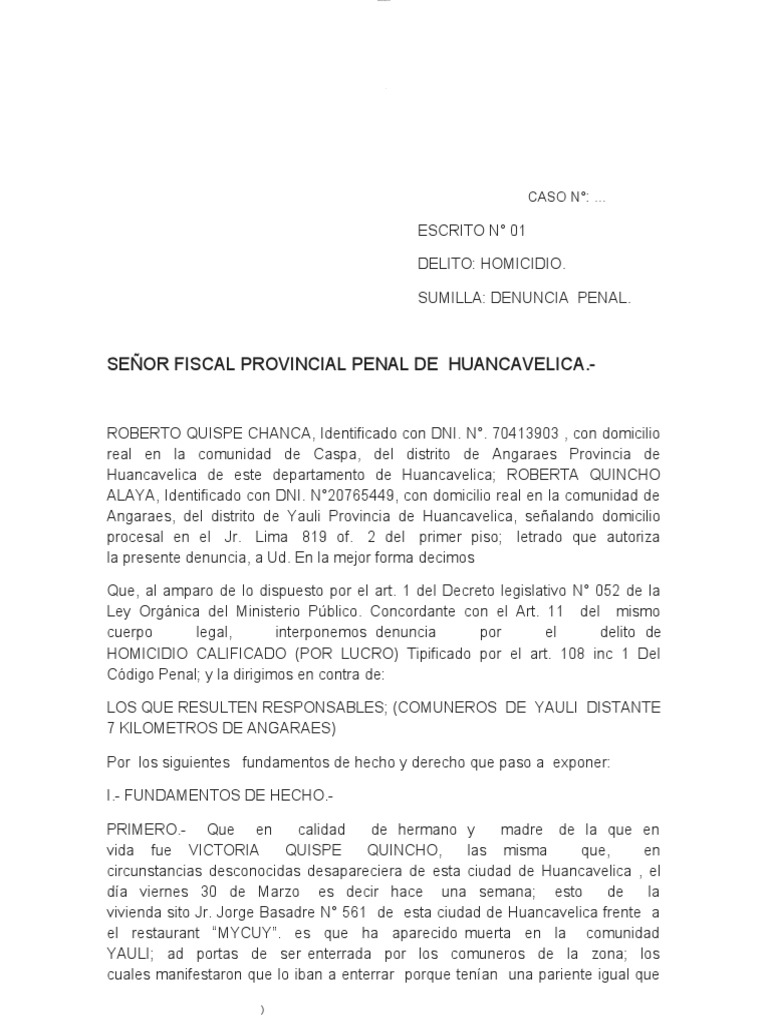 Modelo Denuncia Por Homicidio Simple Pdf Homicidio Crímenes