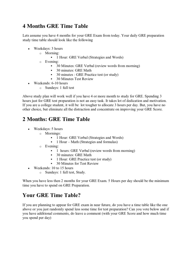 4 Months GRE Time Table | PDF