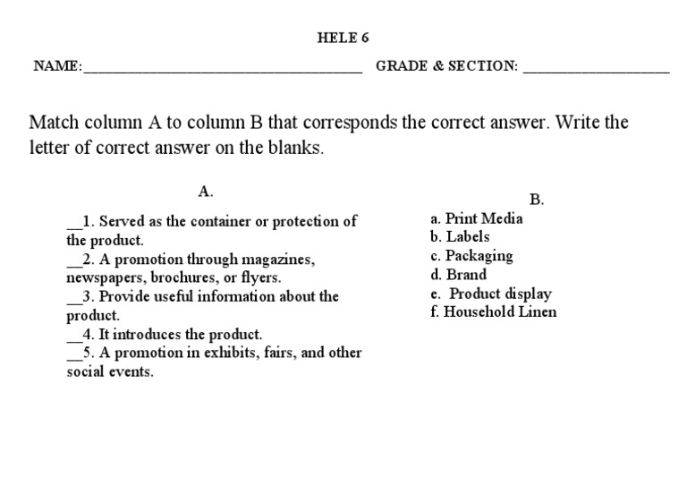 HELE 6 Worksheets | PDF