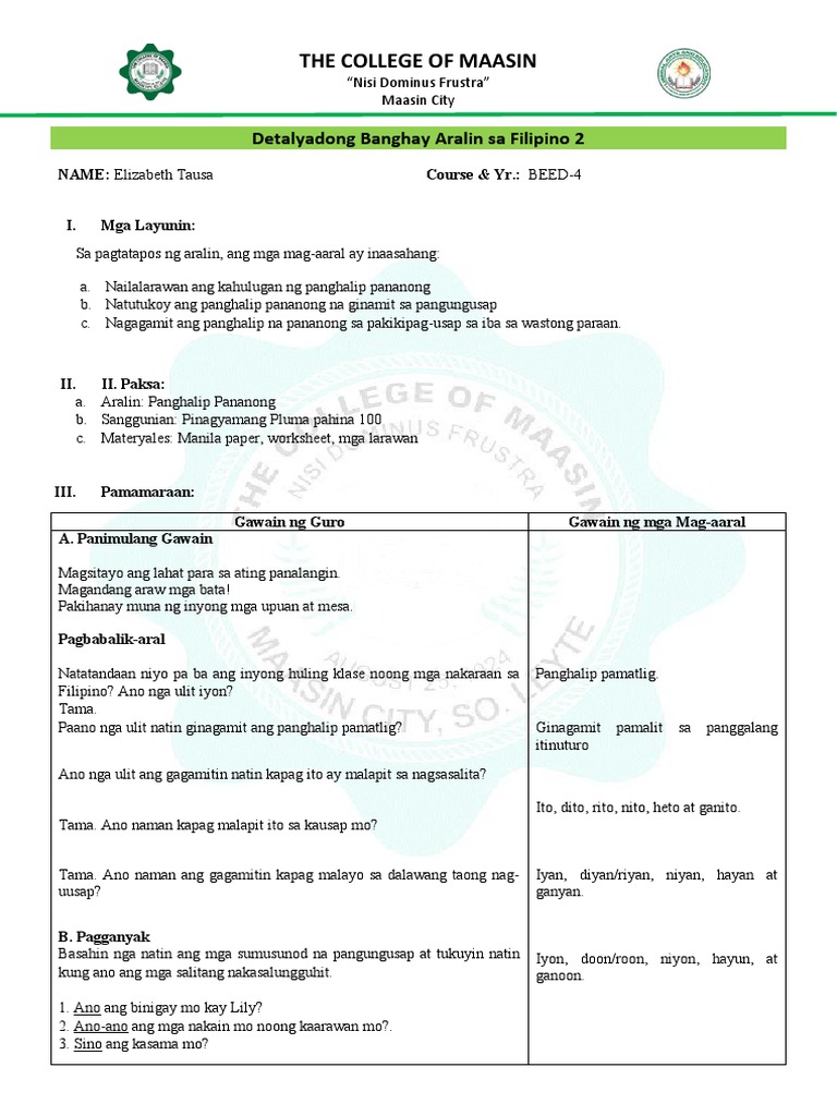 Panghalip Pananong LESSON PLAN GR 2 | PDF