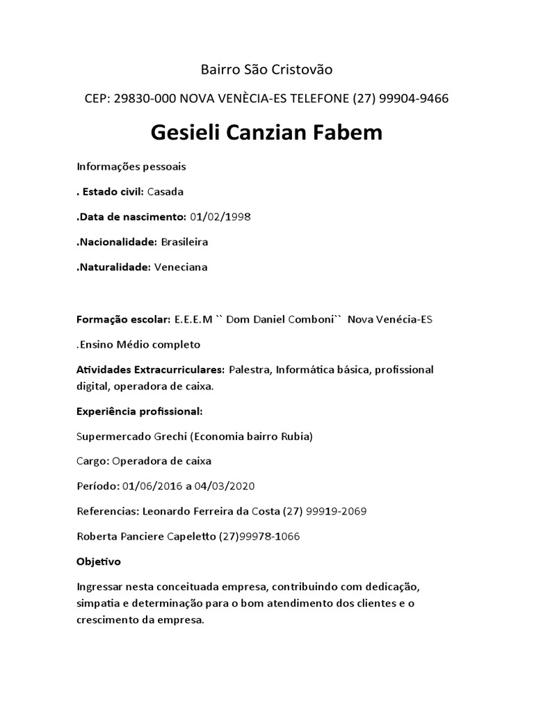 Currículo de Gesieli Canzian Fabem | PDF | Carreira e Crescimento ...