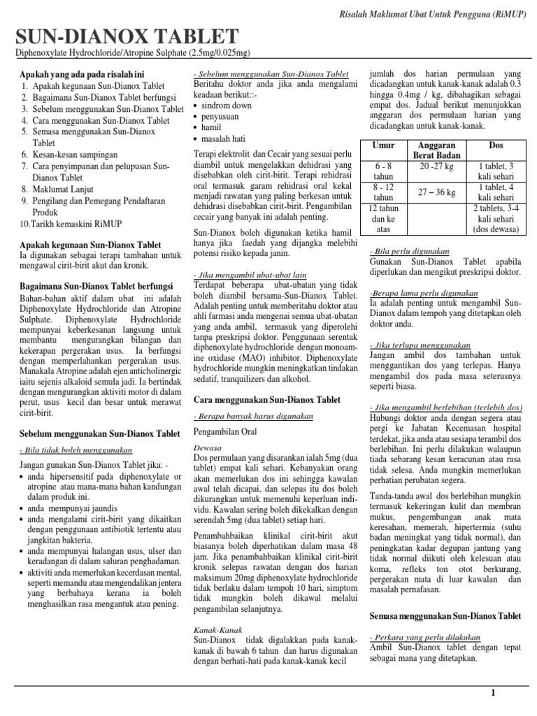 Sun-Dianox Tablet Diphenoxylate Hydrochloride Atropine Sulphate SUNWARD ...