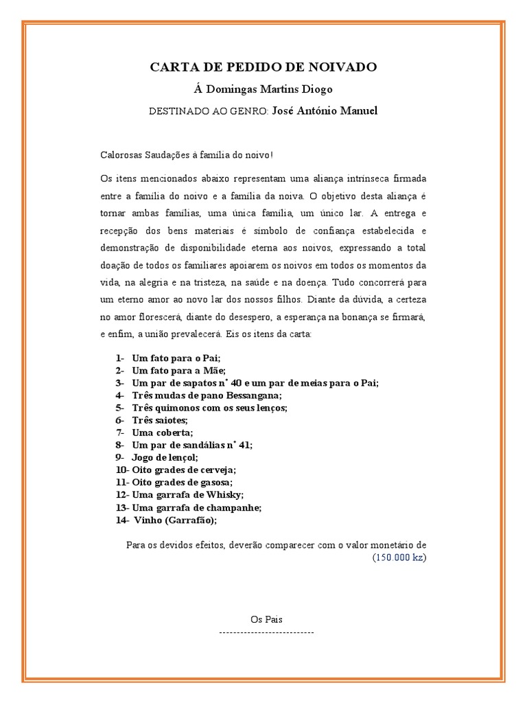 Carta De Pedido De Noivado Com Lista De Itens Pdf
