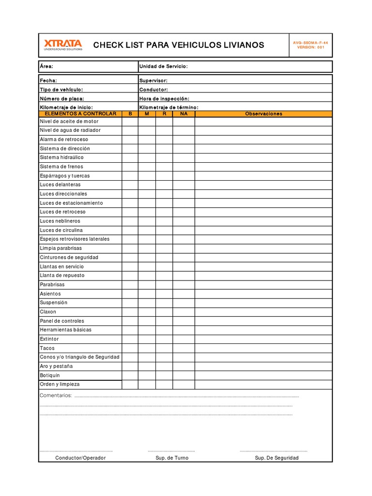 Check List para Vehiculos Livianos-A4 | PDF