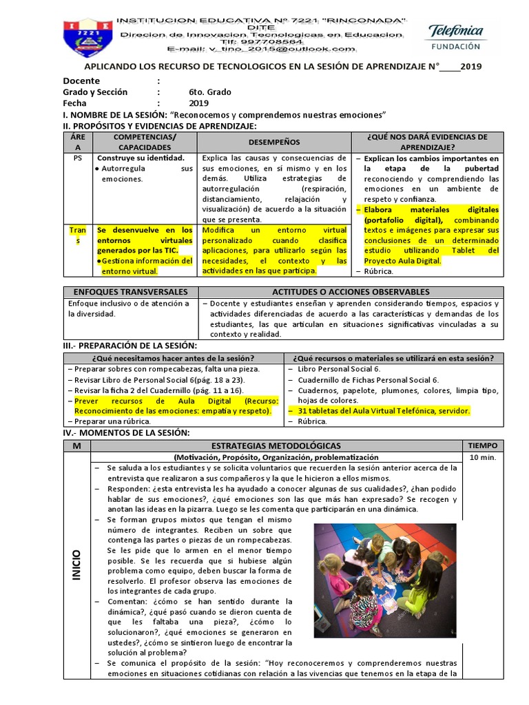 Sesión de Aprendizaje Tablets-2019 | PDF | Aprendizaje | Las emociones