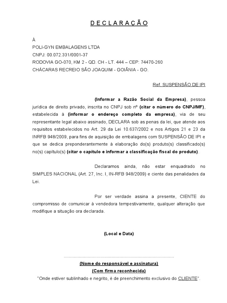 Modelo Declaracao de Isencao Do IPI | PDF