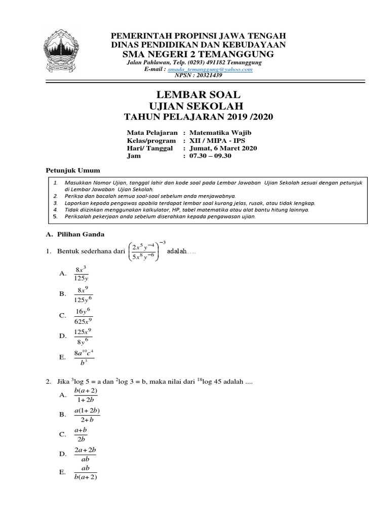 Soal Us Matematika Wajib 2020 | PDF | Metode & Bahan Ajar