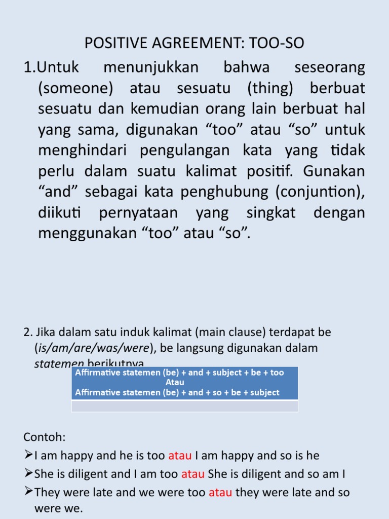 Materi 10 Positive Agreement Too So | PDF | Syntax | Languages