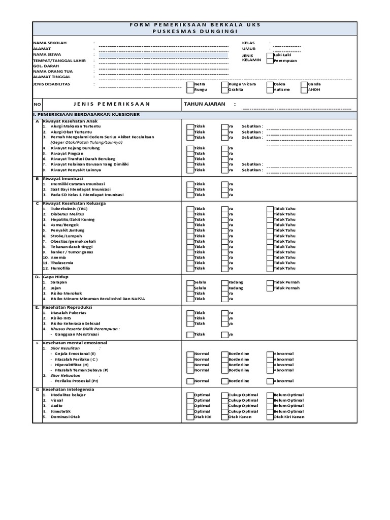 Form Pemeriksaan Berkala Uks | PDF