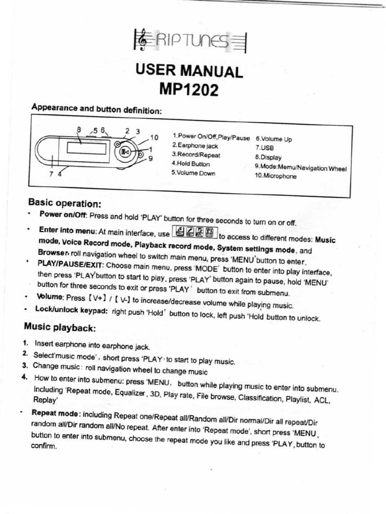 Riptunes MP1202 - MP3 Player - Manual | PDF