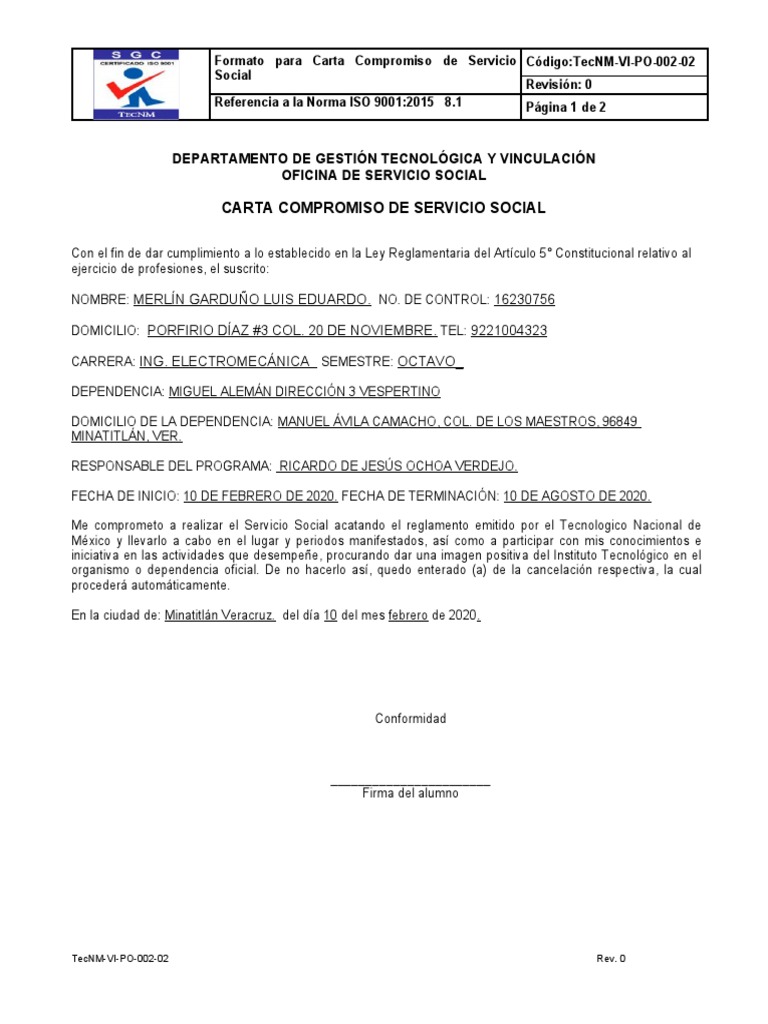 1TecNM-VI-PO-002-02 CARTA COMPROMISO | PDF | Gobierno