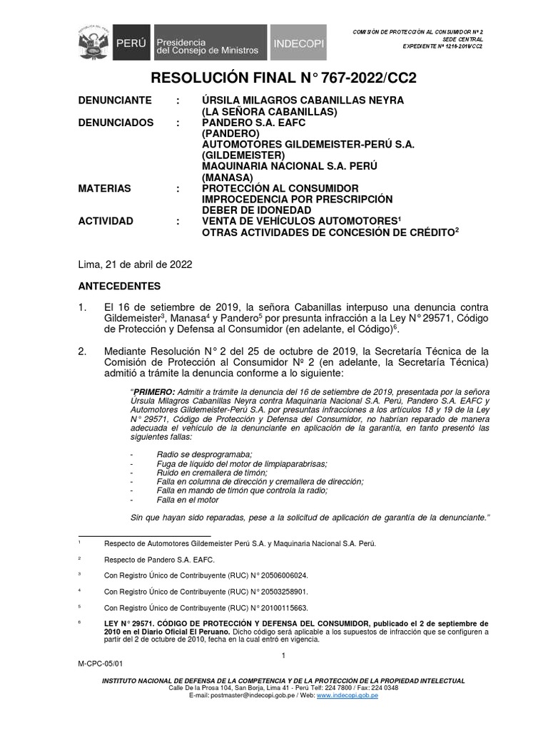 RESOLUCIÓN FINAL #767-2022/CC2: Comisión de Protección Al Consumidor #2 Sede Central EXPEDIENTE ...