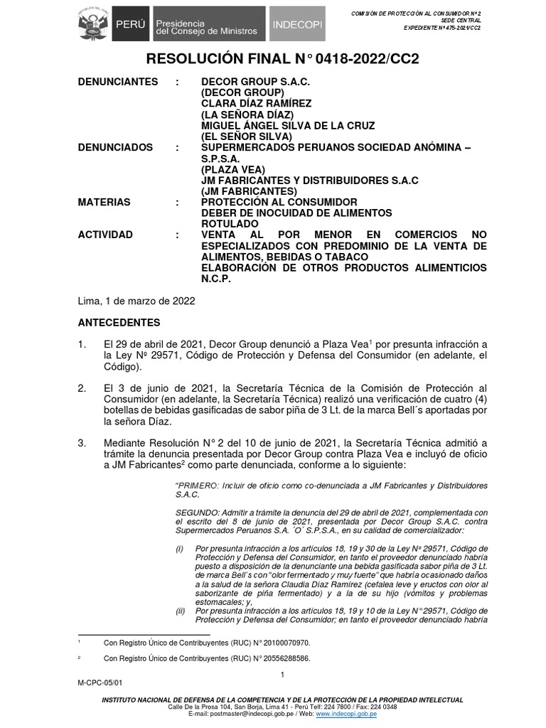 Resolución Final #0418-2022/CC2 | PDF | Protección al Consumidor | Seguridad alimenticia