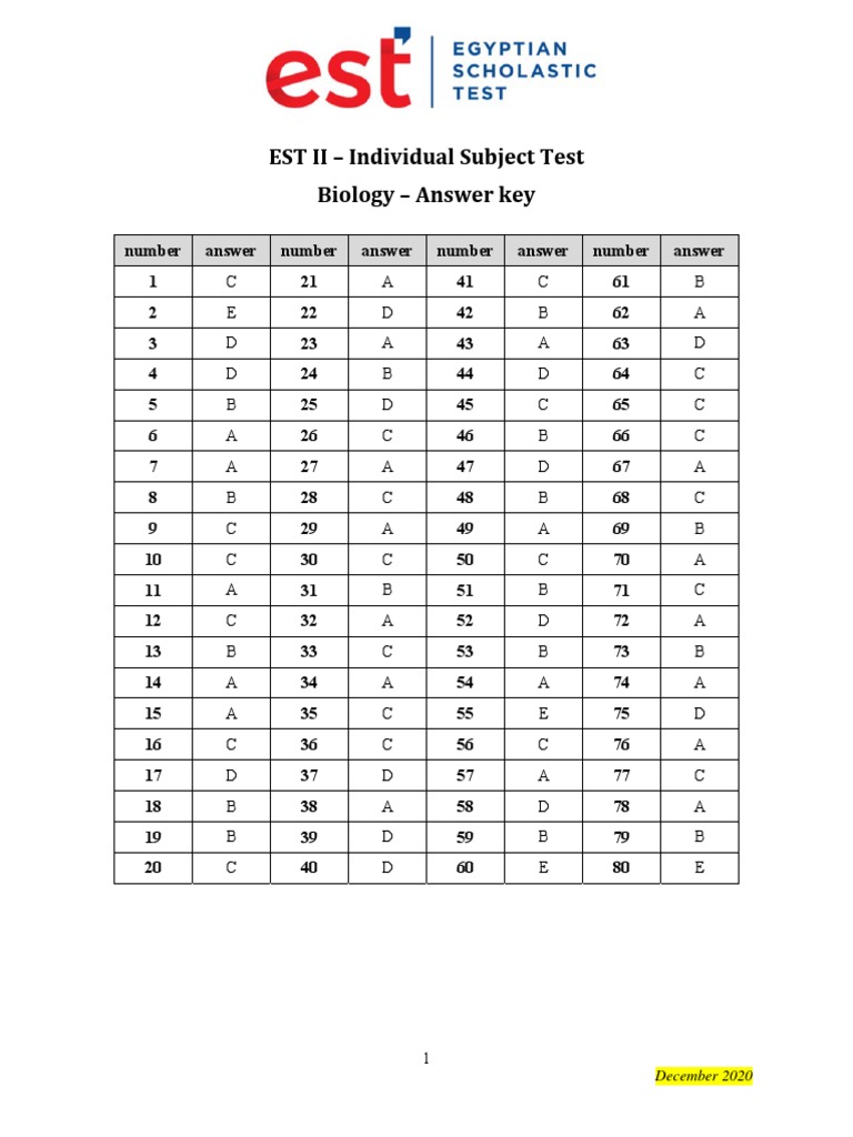 EST II Biology Answer Key December 2020 | PDF