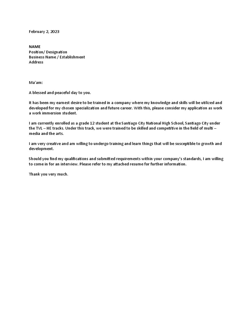 Work Immersion Application Letter | PDF | Career & Growth