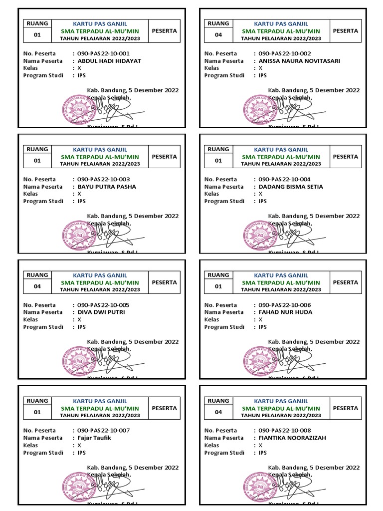 Label Meja PAS | PDF