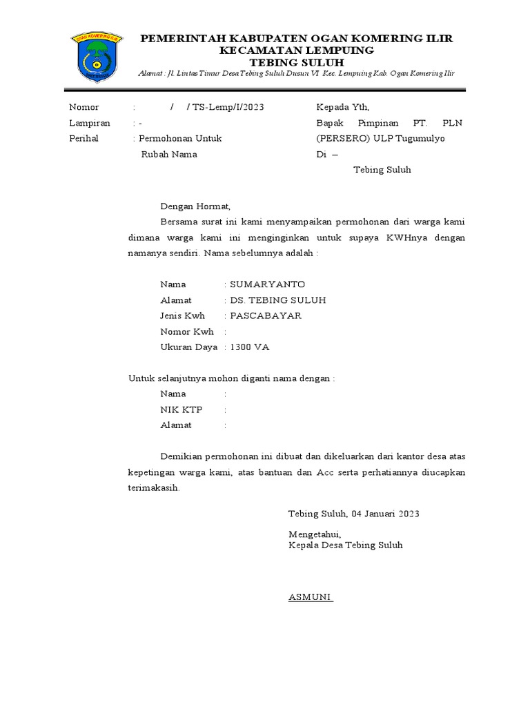 Permohonan Ubah Nama KWH Dan Tarif KWH | PDF