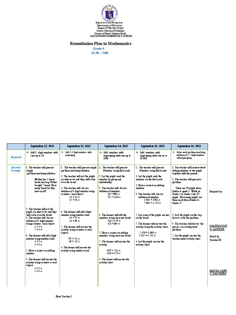 Week 1 Math Remediation Plan | PDF | Cognition | Teaching