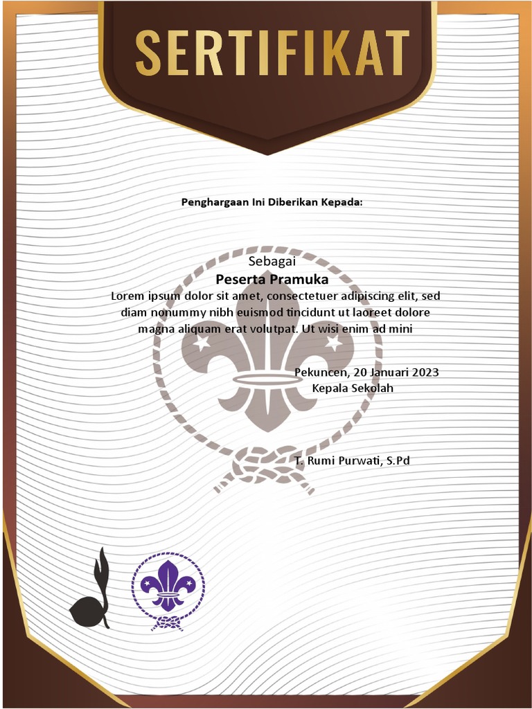 Desain Sertifikat Pramuka Gratis 2 Word Potrait | PDF