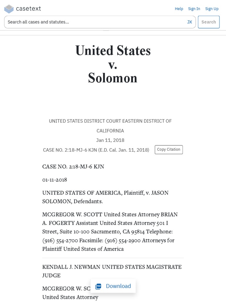 United States v. Solomon, CASE NO. 2 - 18-MJ-6 KJN - Casetext Search ...