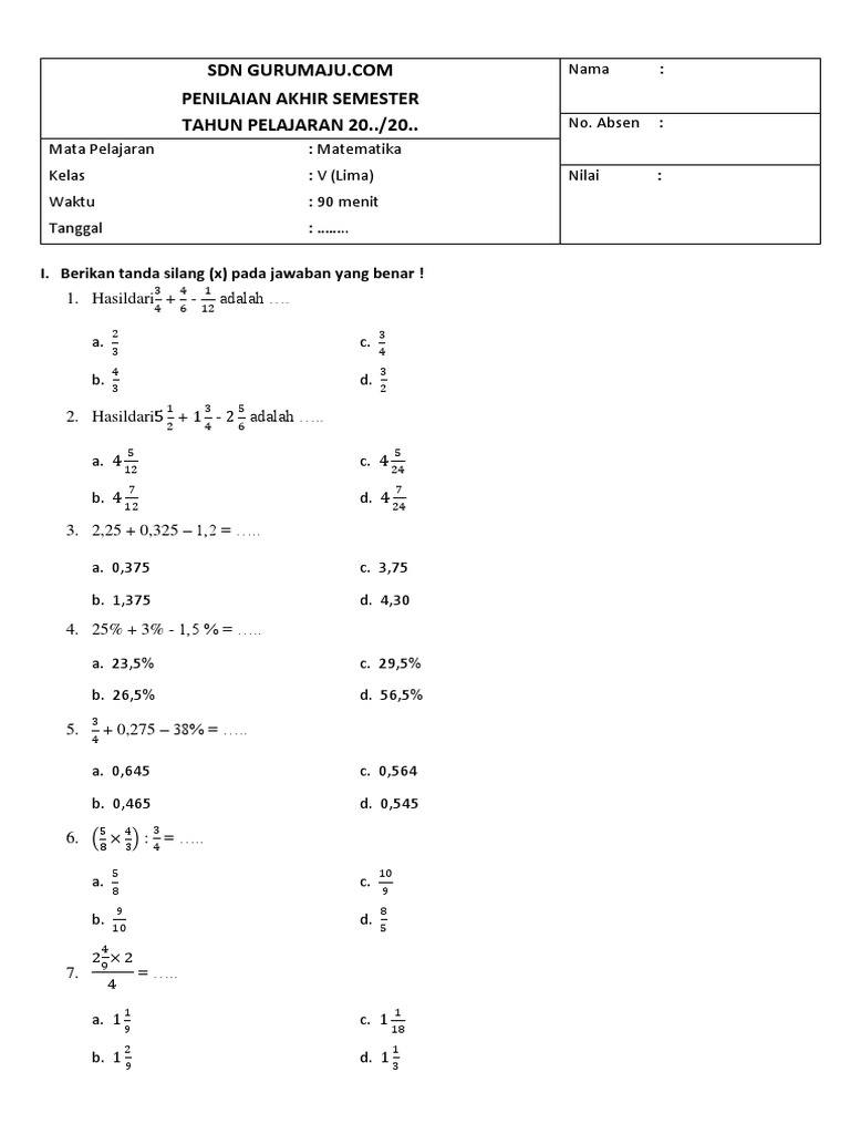 SOAL PAS MTK KLS 5 Semester 1 K-13 | PDF | Metode & Bahan Ajar