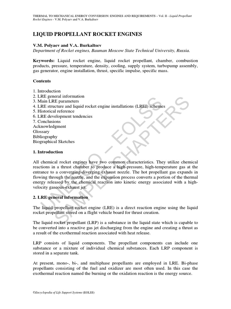 Unesco - Eolss Sample Chapters: Liquid Propellant Rocket Engines | PDF | Rocket Engine | Rocket ...