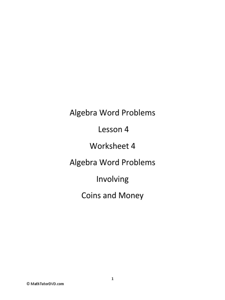 Algebra Word Problems - Worksheet 4 - Coin and Money Problems | PDF ...