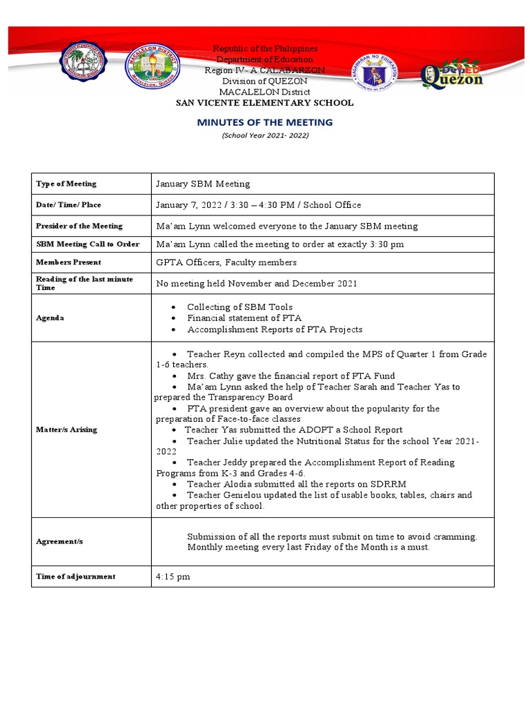 SBM Minutes and Attendance Form For Meeting | PDF