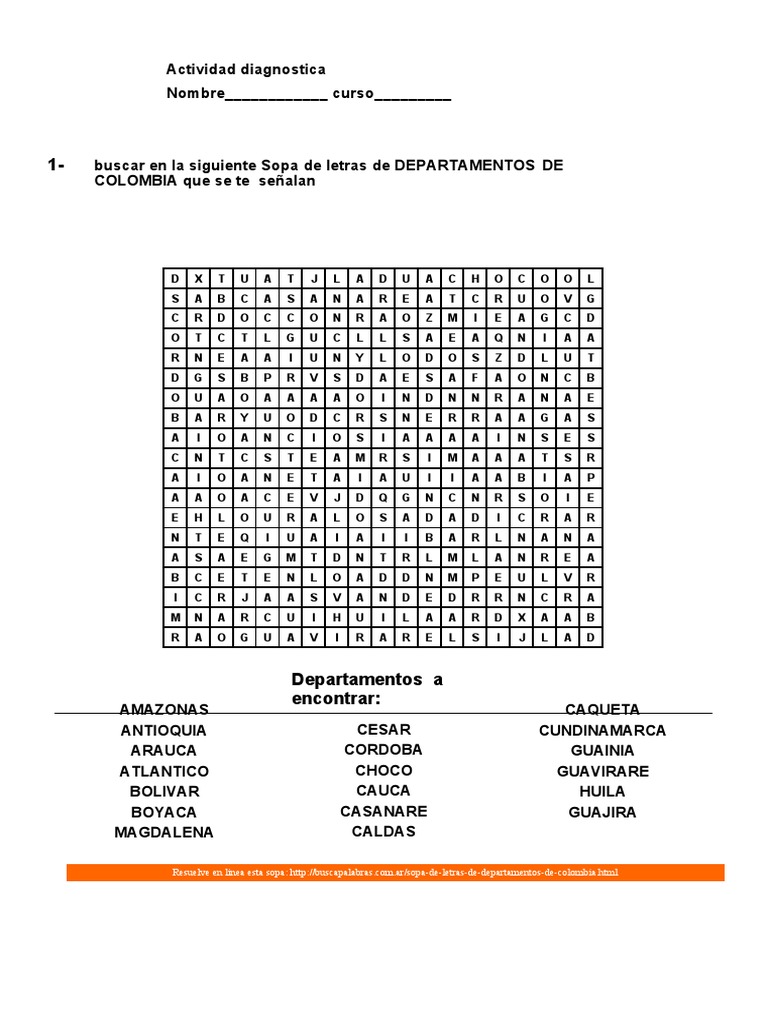 Sopa de Letras de Departamentos de Colombia | PDF