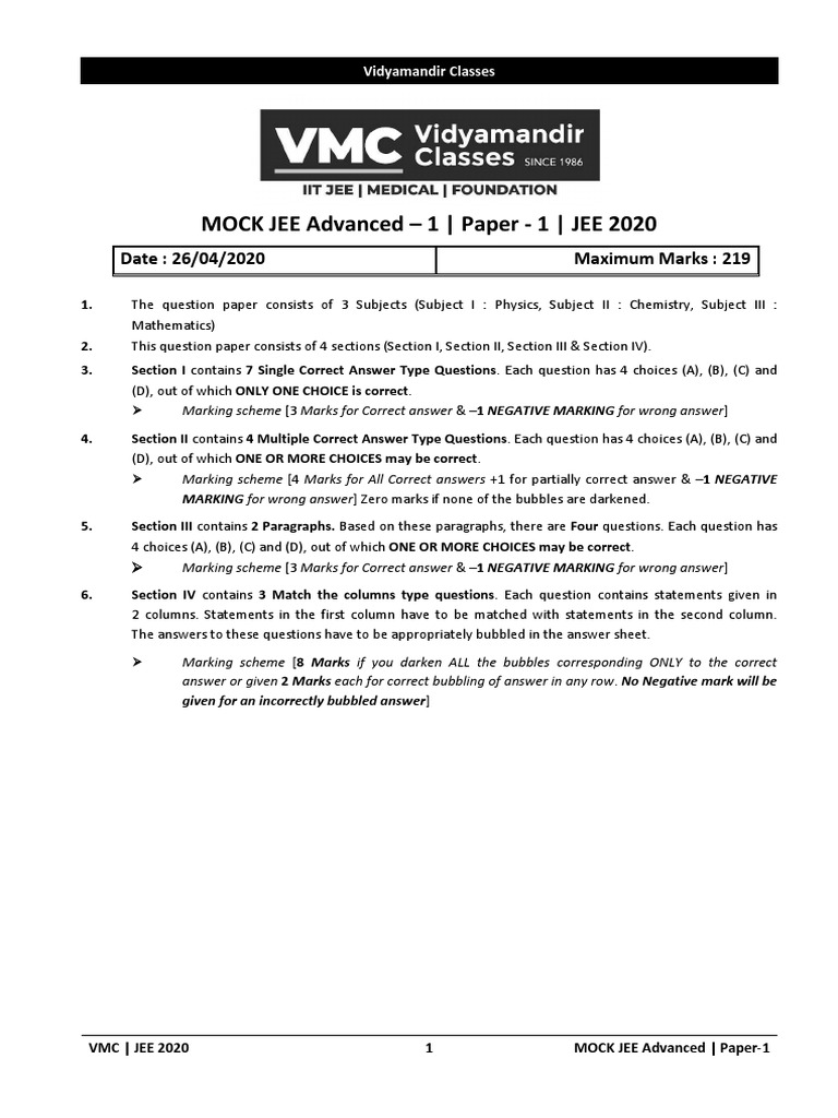 Jee Advance 1 Paper 1 Pdf Refractive Index Applied And