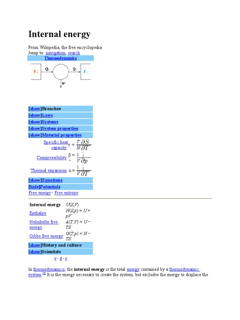 Internal Energy: From Wikipedia, The Free Encyclopedia Jump To | PDF ...