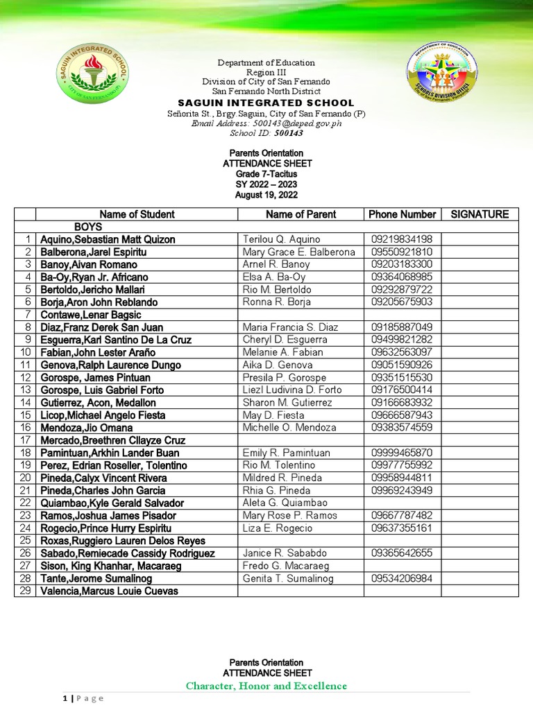 Grade 7-Tacitus Parents Orientation Attendance | PDF