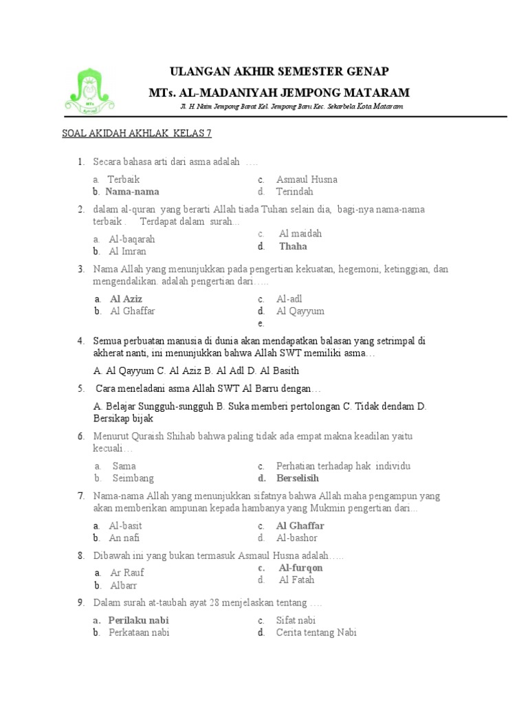 Soal Akidah Akhlak Kls 7 | PDF