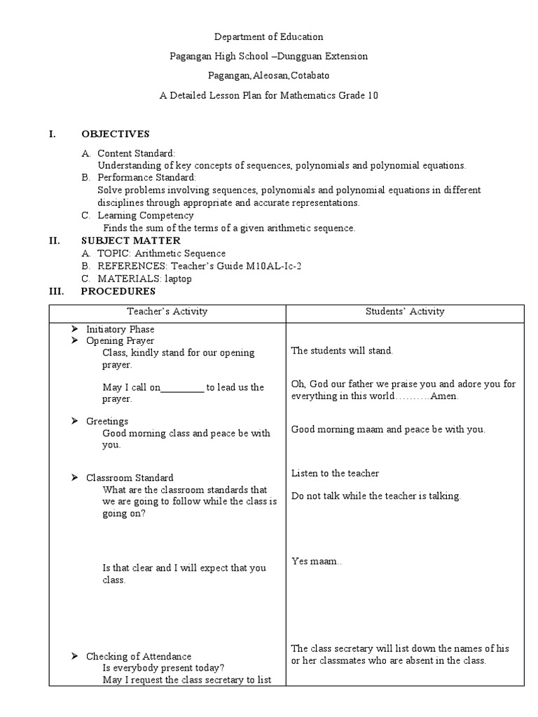 A Detailed Lesson Plan For Mathematics Grade 10 | PDF | Lesson Plan ...