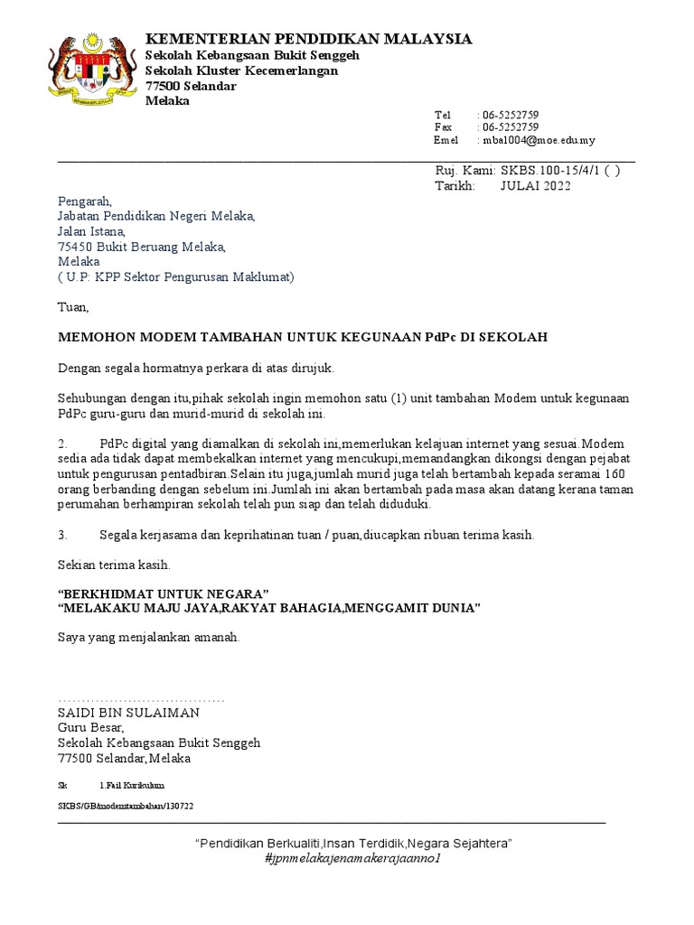 01 - CONTOH SURAT RASMI SEKOLAH - Docx2 | PDF