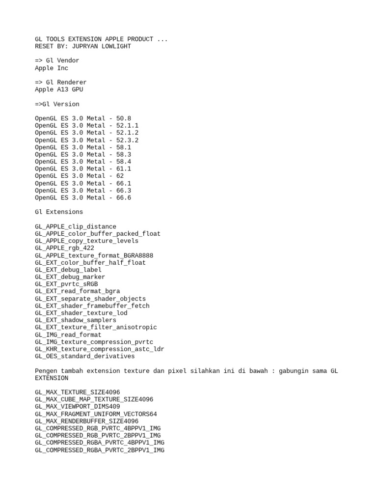Report on OpenGL ES and Metal Versions and Extensions for Apple A13 GPU ...