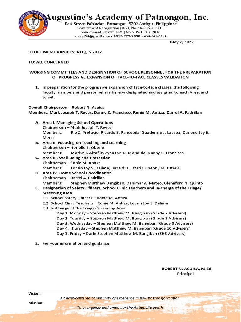 Working Committees and Designation of School Personnel | PDF