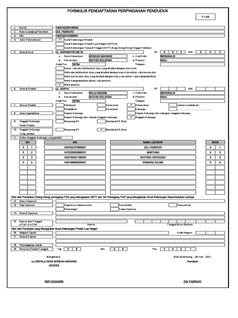 f1.03 Surat Pindah Baru | PDF