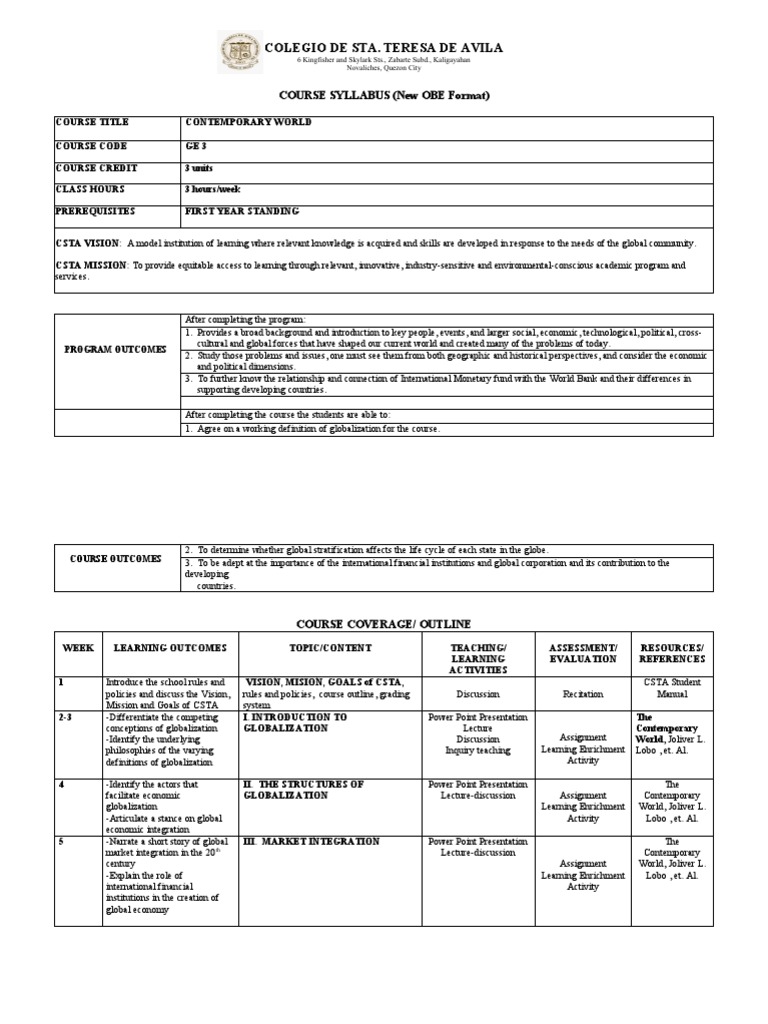 syllabus-contemporary world- BSIT | PDF | Globalization | Learning