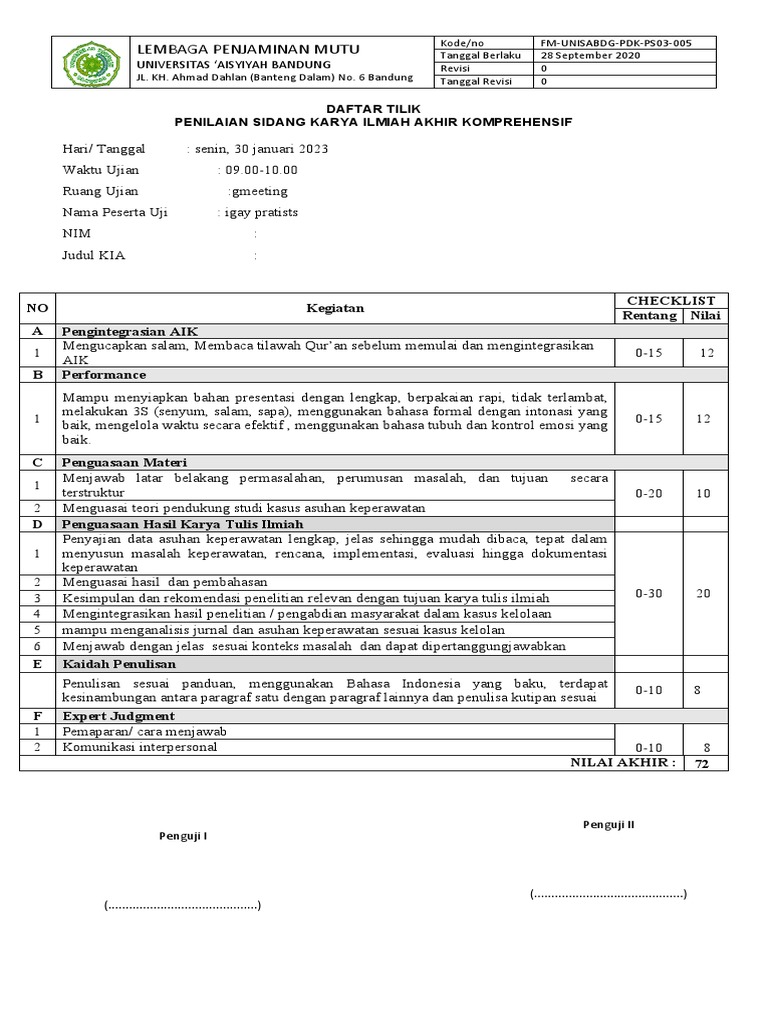 Formulir Penilaian Penguji Karya Ilmiah Akhir - PENGUJI 1 DAN 2 | PDF