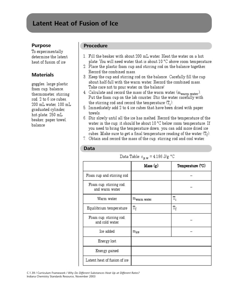 Latent Heat of Fusion of Ice: Procedure Purpose | PDF | Heat | Ice