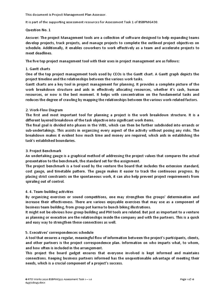 Assessment Task 1 Answers | PDF | Risk | Project Management