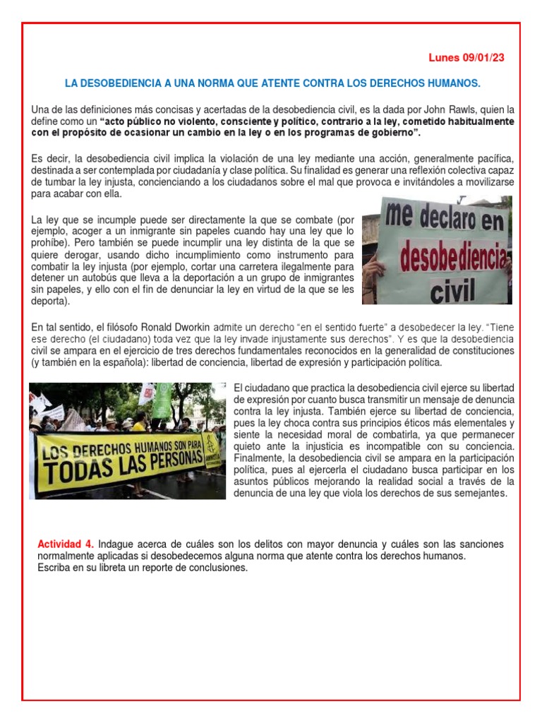 Act. 4 La Desobediencia A Una Norma Que Atente Contra Los Derechos Humanos | PDF | Desobediencia ...