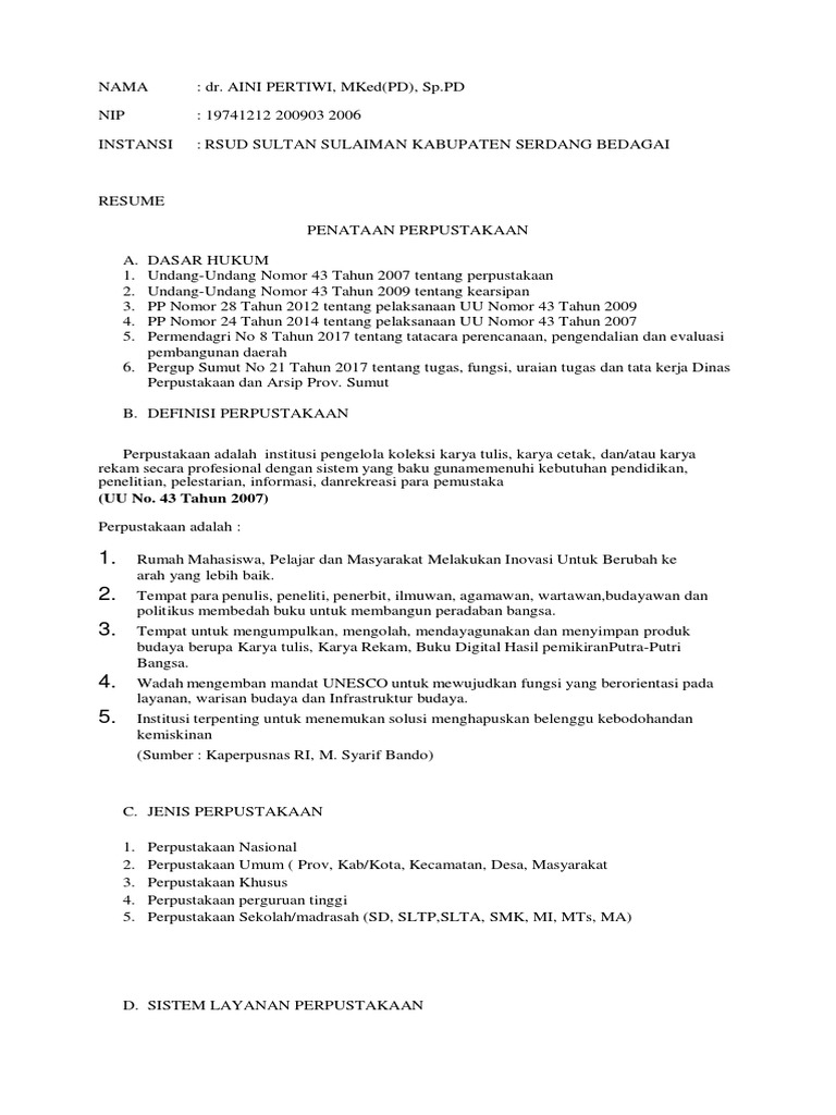 7.RESUME PENATAAN PERPUSTAKAAN, Dr. AINI PERTIWI, M.Ked (PD), SP - PD | PDF | Ilmu Sosial ...