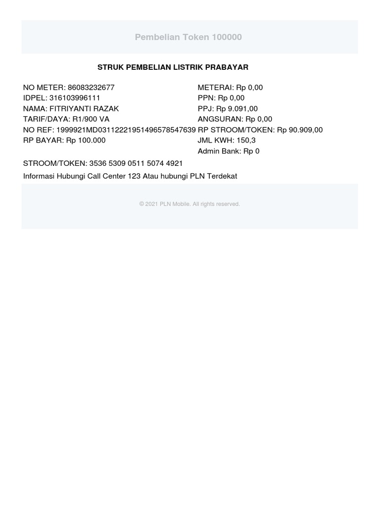Pembelian Token 100000: Struk Pembelian Listrik Prabayar | PDF