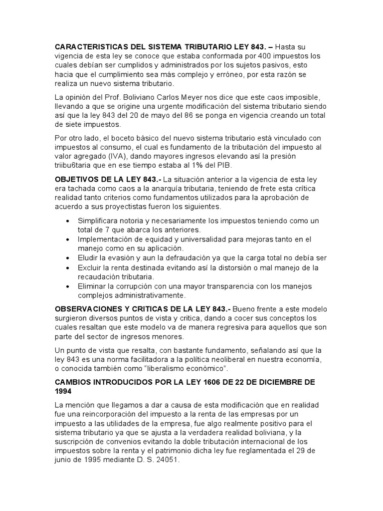 Caracteristicas Del Sistema Tributario Ley 843 | PDF | Impuestos | Economias