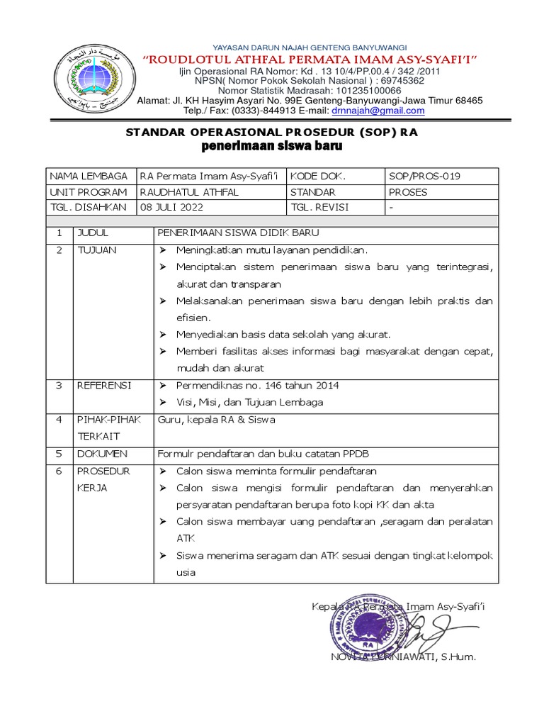 19 SOP Penerimaan Siswa Baru | PDF