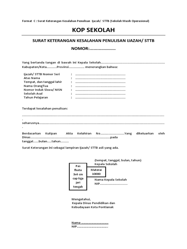 Format Surat Keterangan Kesalahan Penulisan Ijazah Atau STTB 1 | PDF