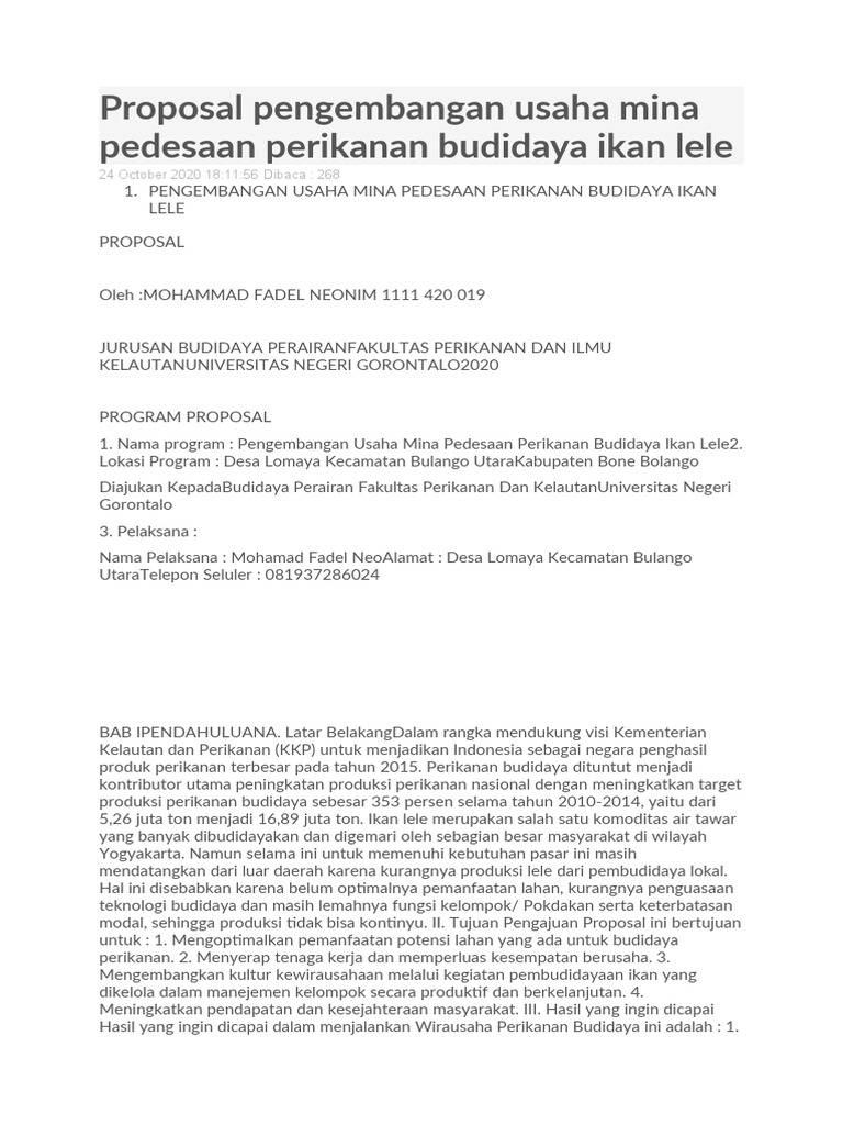 Proposal Pengembangan Usaha Mina Pedesaan Perikanan Budidaya Ikan Lele | PDF | Teknologi & Rekayasa