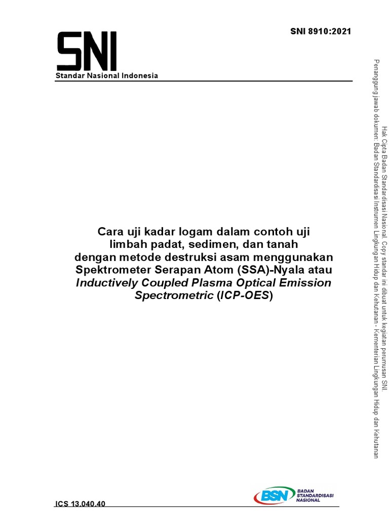 SNI 8910 2021 Cara Uji Kadar Logam Dalam Contoh Uji Limbah Padat Sedimen Dan Tanah Dengan Metode ...